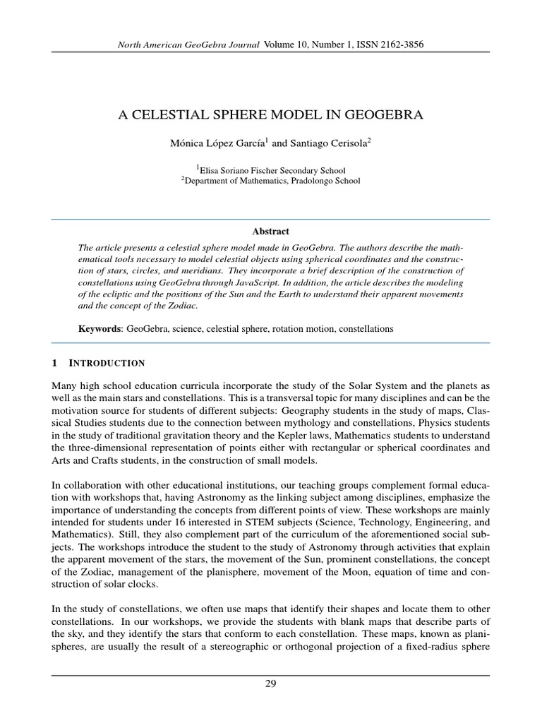 Modeling the Celestial Sphere in GeoGebra: Understanding the Apparent Motions of Stars and ...