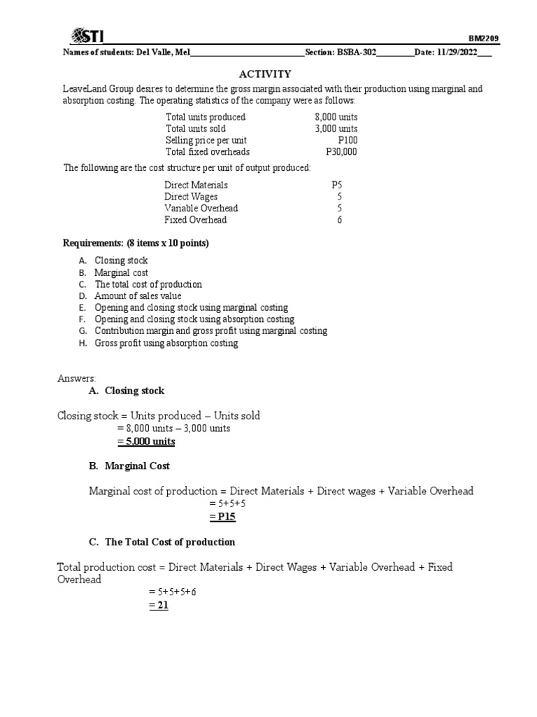 08 Activity 2 Costing Pdf Marginal Cost Gross Margin
