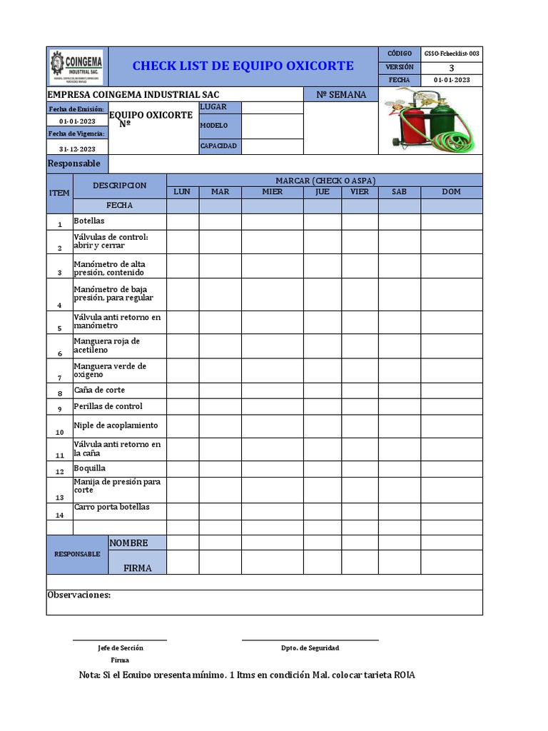Anexo 3 - Check List de Equipo de Oxicorte | PDF Anexo 3 - Check List de Equipo de Oxicorte | PDF