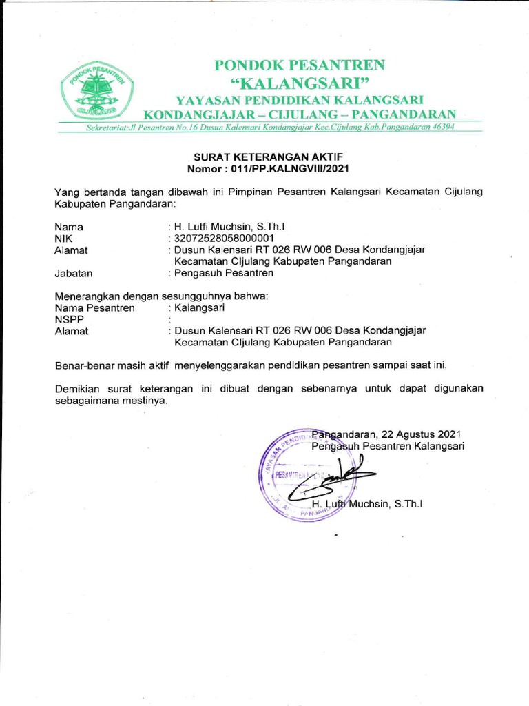 Surat Keterangan Aktif Pondok Pesantren Kalangsari | PDF
