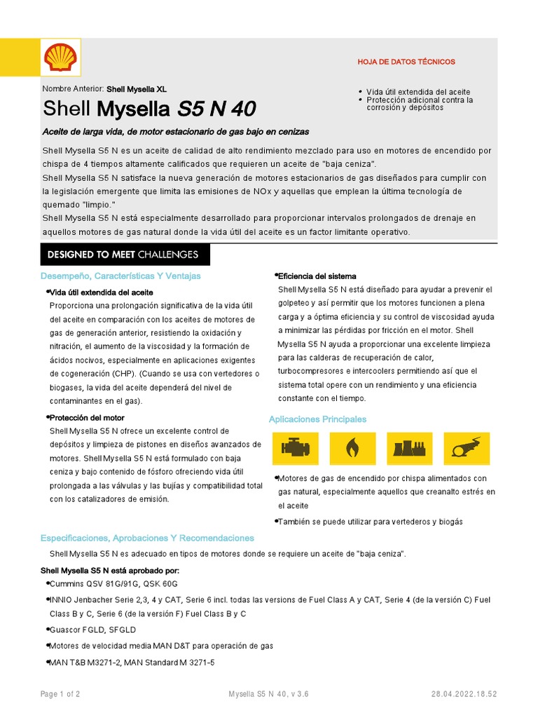 Hoja de Datos Shell Mysella S5 N 40 | PDF | Petróleo | Motores