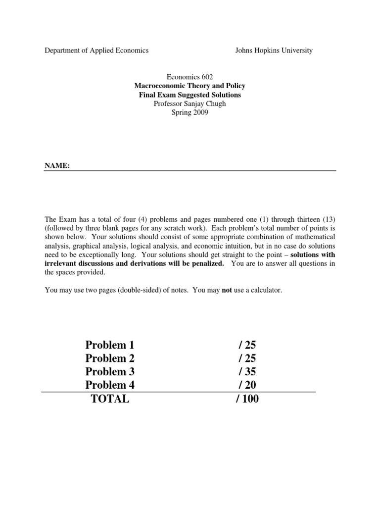 JHU Spring2009 FinalExamSolutions | PDF | Nominal Rigidity | Labour ...