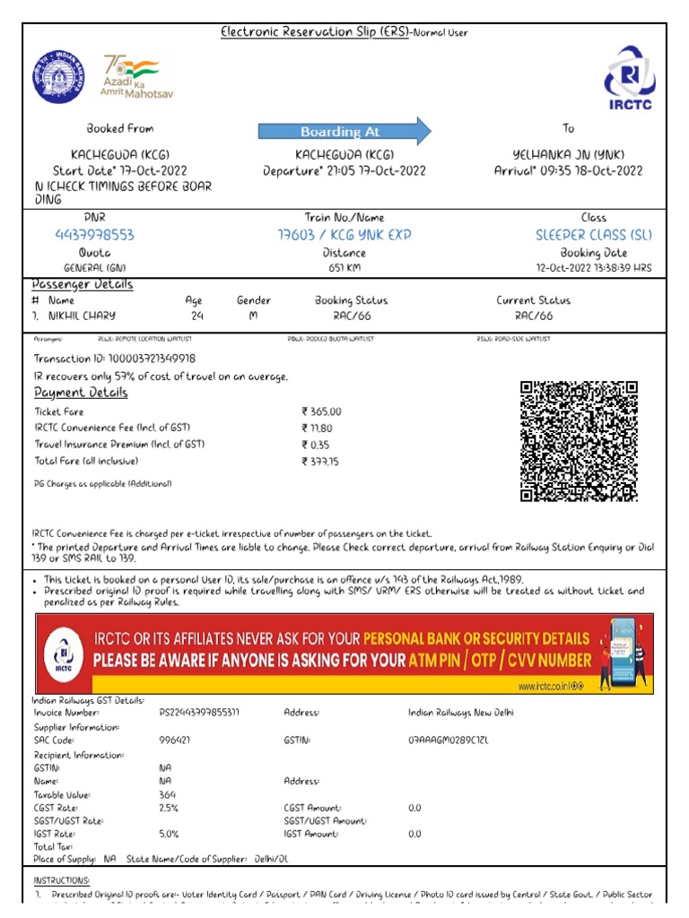 KCG Ynk Exp Sleeper Class (SL) | PDF | Identity Document