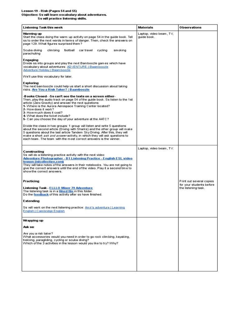 Lesson 19 - Risk: Preparing Students to Take Safe Risks through ...