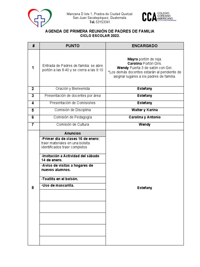 Agenda de Primera Reunión de Padres de Familia | PDF