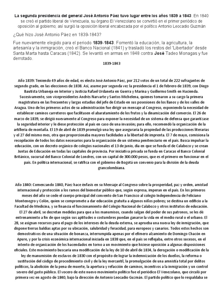 La Segunda Presidencia Del General José Antonio Páez Tuvo Lugar Entre ...