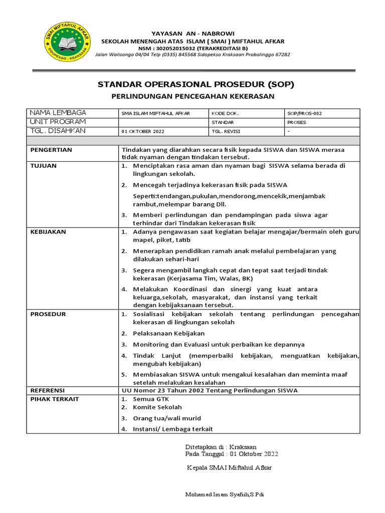 Sop Pencegahan Kekerasan | PDF