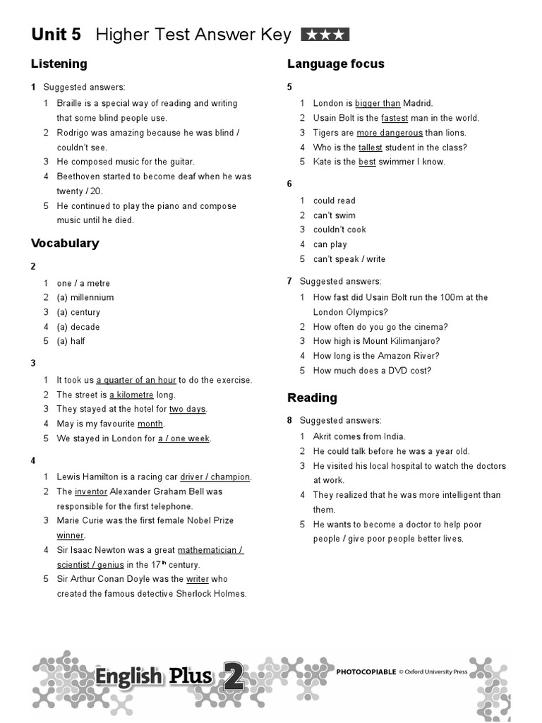 Unit 5 Higher Test Answers | PDF