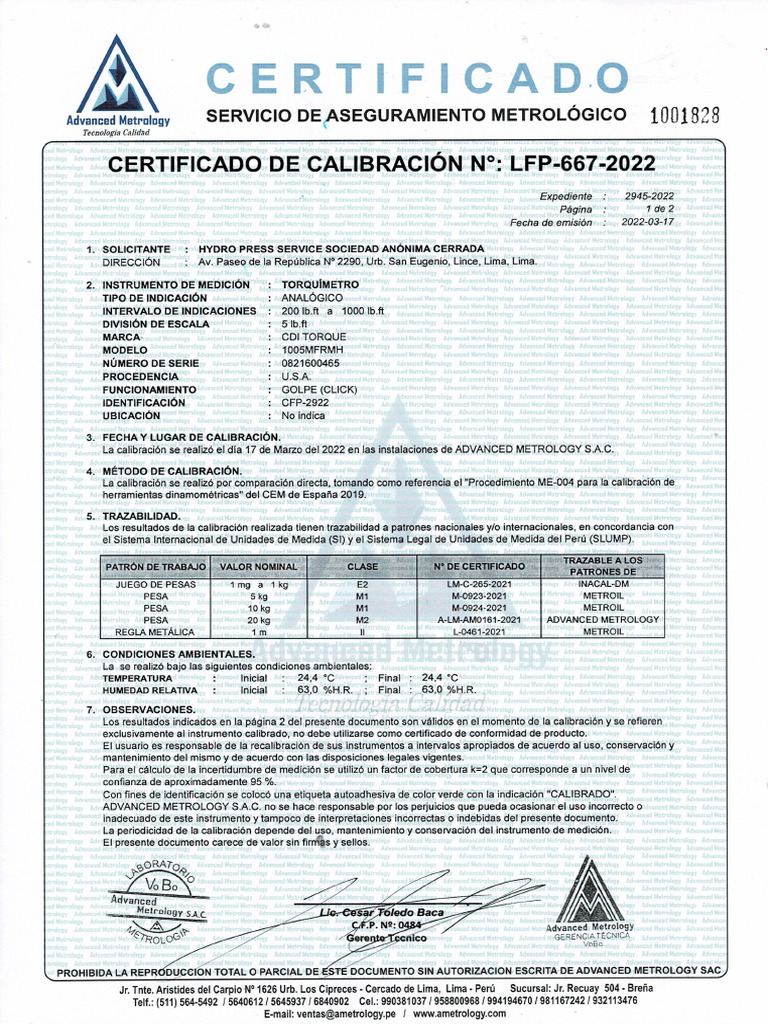 Certificado de Calibracion de Torquimetro | PDF Certificado de Calibracion de Torquimetro | PDF