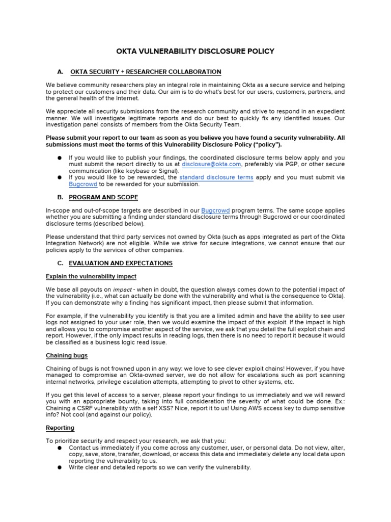 Okta Vulnerability Disclosure Policy | PDF | Vulnerability (Computing) | Exploit (Computer Security)