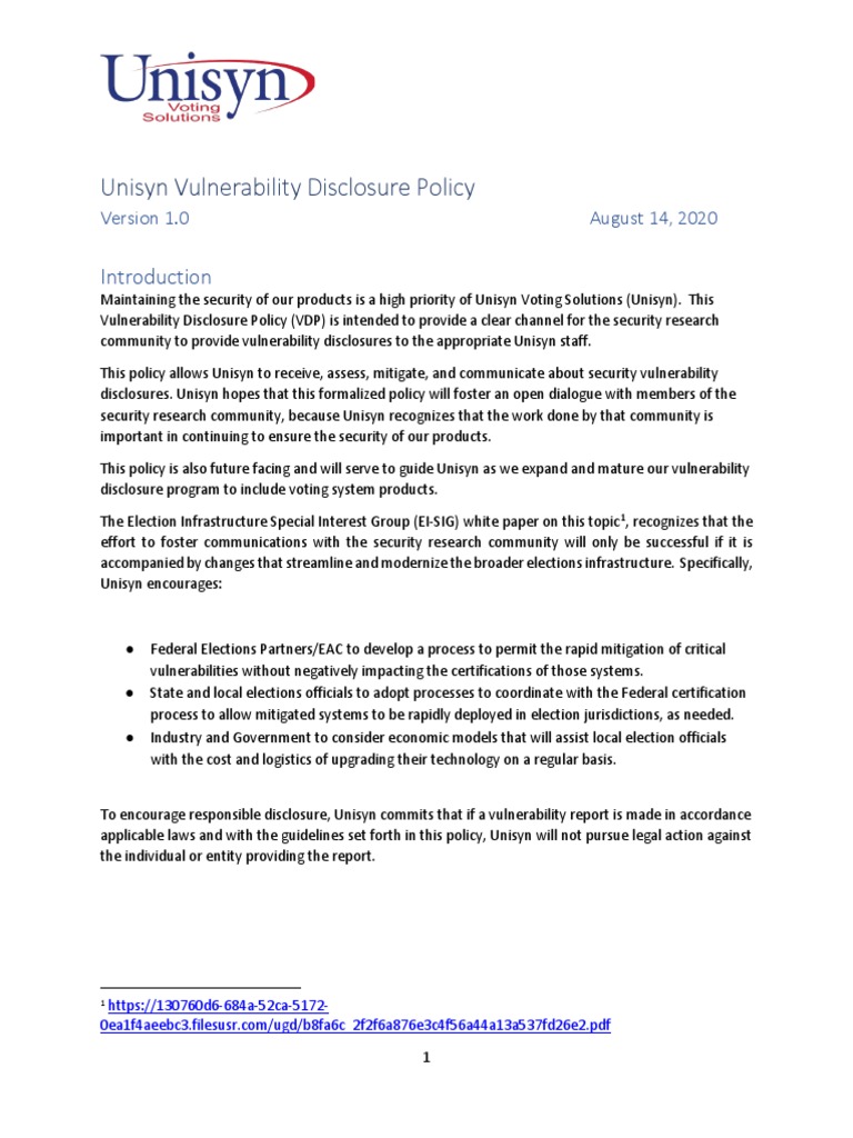 Unisyn-Vulnerability-Disclosure Policy V-1.0 8.14.2020 | Download Free ...