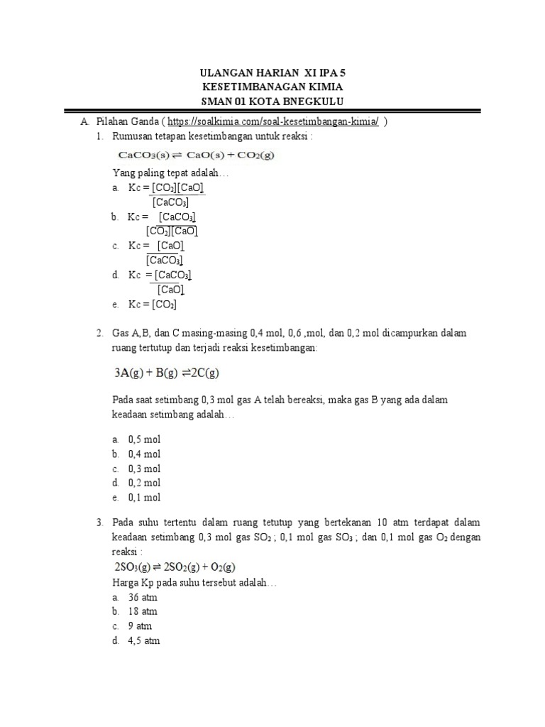 ULANGAN HARIAN Kesetimbangan Kimia XI IPA 5 | PDF