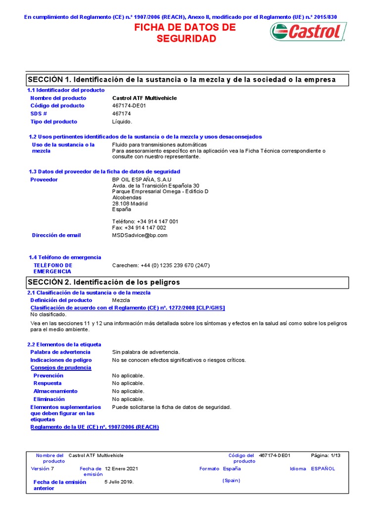 Ficha Seguridad Castrol ATF | PDF | Residuos | Guante