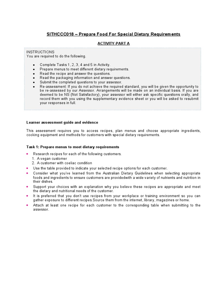 A2 SITHCCC018 Activity Part 1 Ver October 2019 | PDF | Foods | Food Allergy