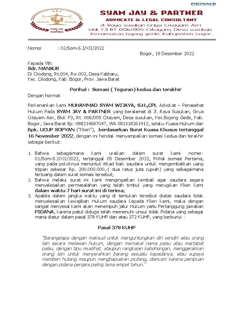 Somasi Kedua Ucup | PDF Somasi Kedua Ucup | PDF