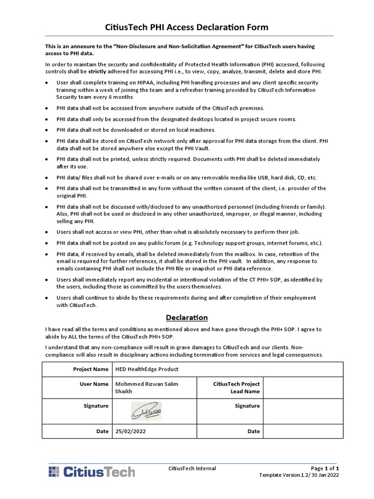 CT PHI Access Declaration Form | PDF | Internet Forum | Computer Data