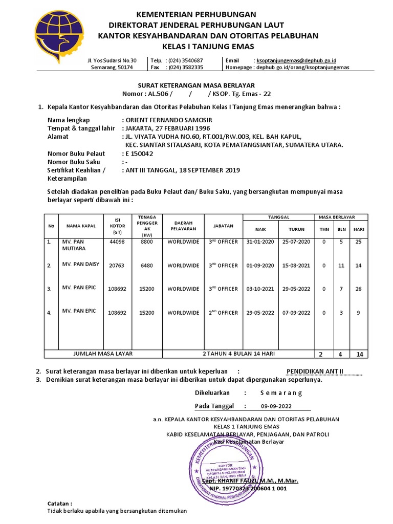Surat Keterangan Masa Berlayar Pelaut | PDF