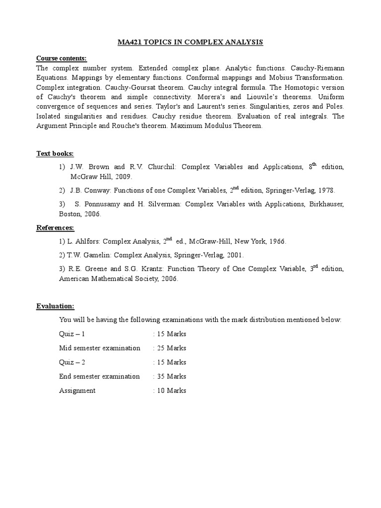 MA421 Complex Analysis (SYLLABUS) | PDF