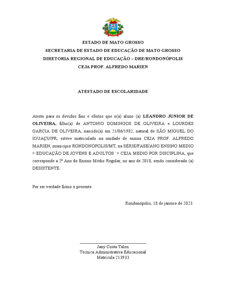 Atestado de Escolaridade Tainara | PDF
