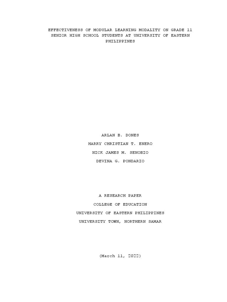 Effectiveness of Modular Learning Modality On G11 SHS Students at Uep ...