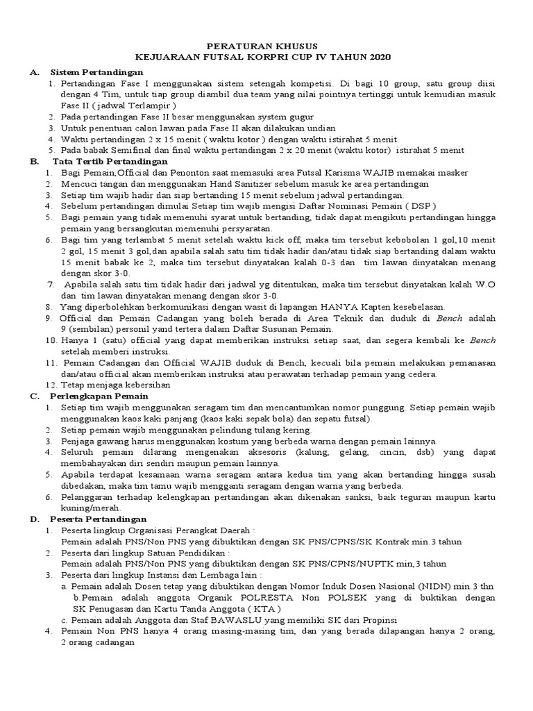 Aturan Futsal Korpri 2020 | PDF | Olahraga & Rekreasi