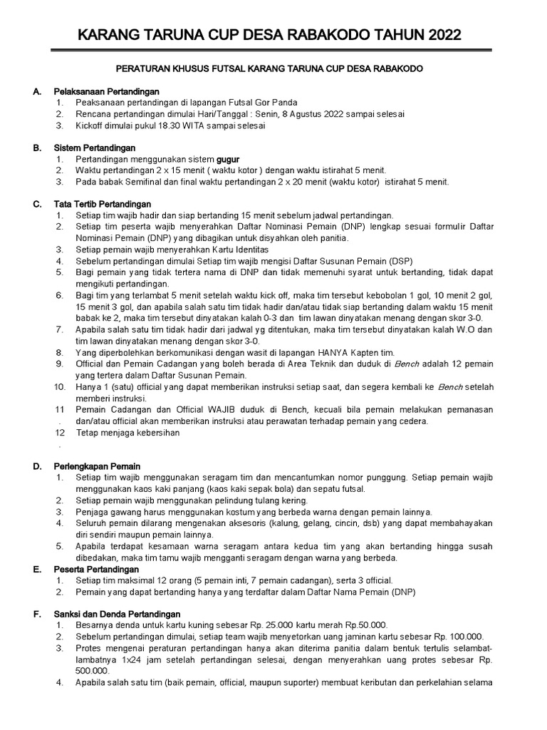 Aturan Futsal Karang Taruna Rabakodo 2022 | PDF