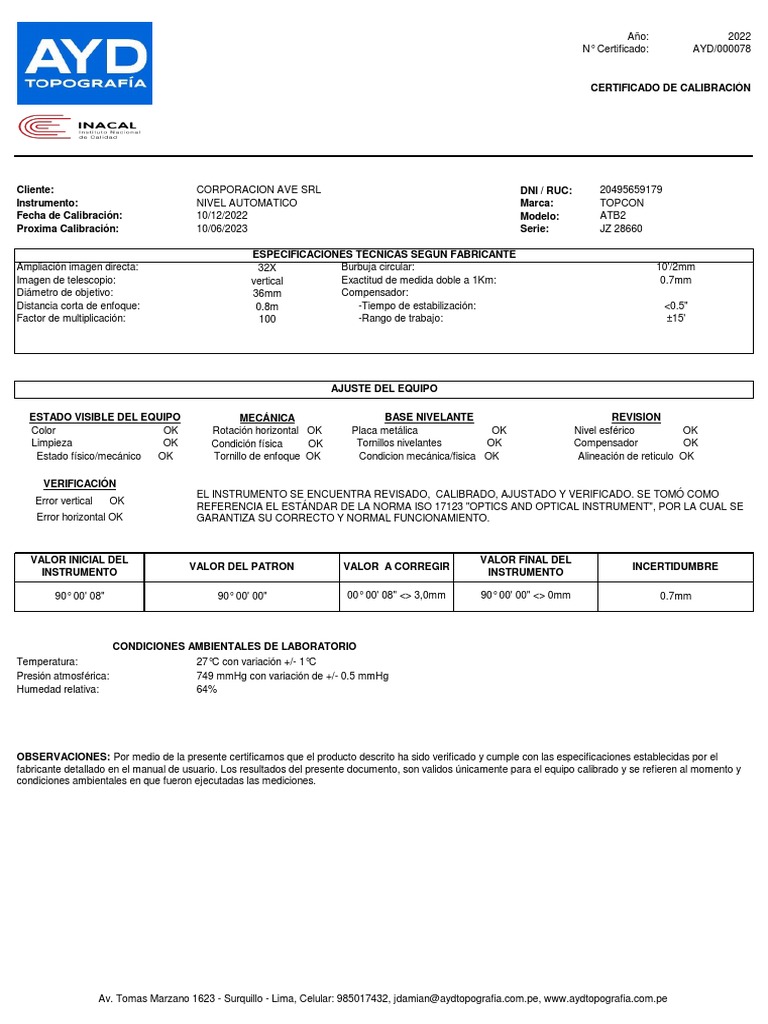 Nivel Topografico | PDF | Calibración | Metrología
