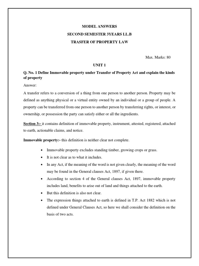 Transfer of Property Act Model Answers-2021 | PDF | Leasehold Estate | Property
