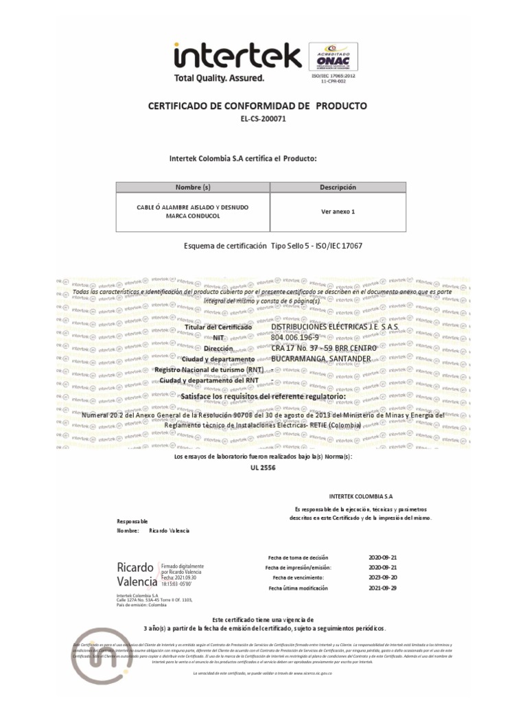Certificado Cable Conducol Serie 8000 | PDF | Cableado eléctrico ...