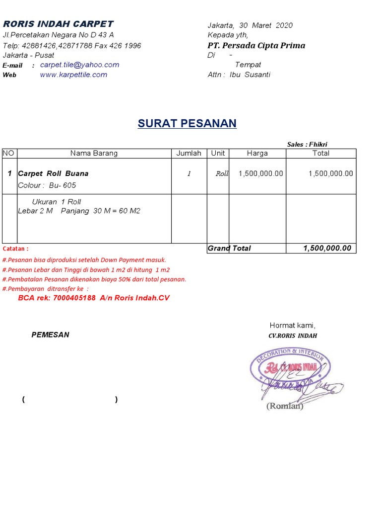 Surat Pesan Carpet Roll Buana PT. Persada Cipta Prima..1 | PDF