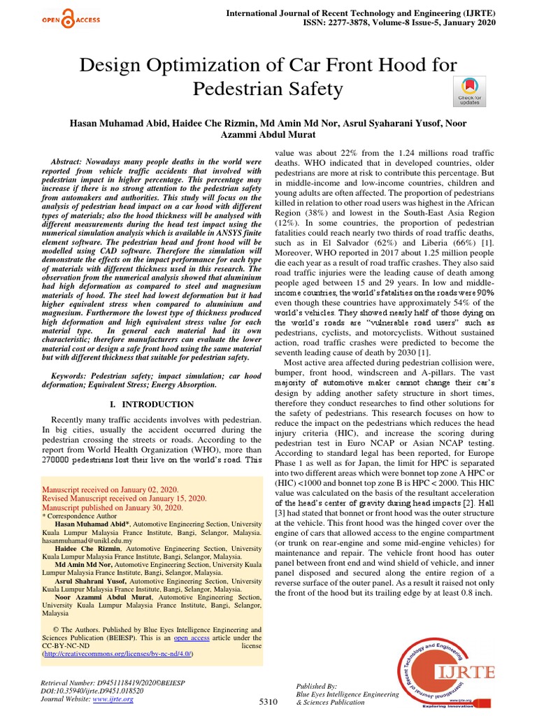 Design Optimization of Car Front Hood For Pedestrian Safety | PDF | Deformation (Engineering ...