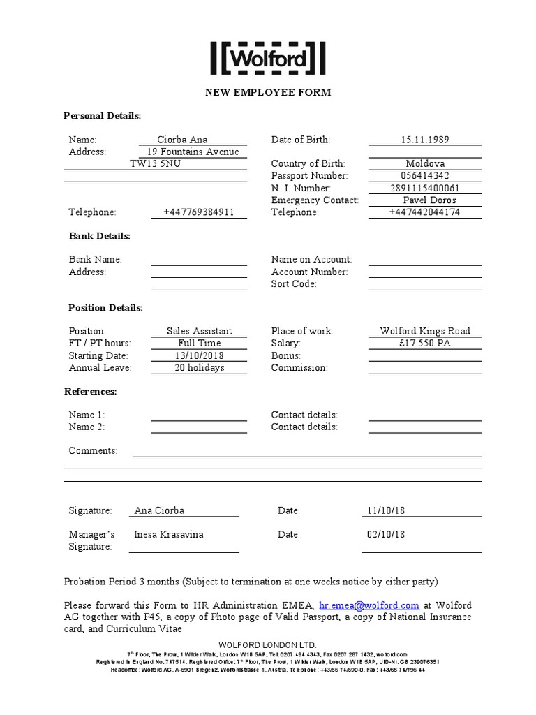 UK - New Starter Form Ana Ciorba | PDF