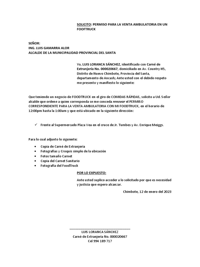 Peticion Modelo De Carta De Solicitud De Permiso Municipal Quito
