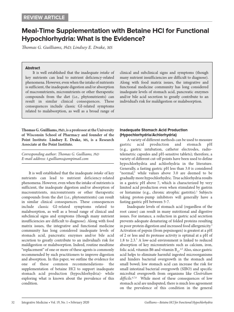 Guilliams Drake IMCJ Article Betaine HCL | PDF | Stomach | Gastroenterology Guilliams Drake IMCJ Article Betaine HCL | PDF | Stomach | Gastroenterology