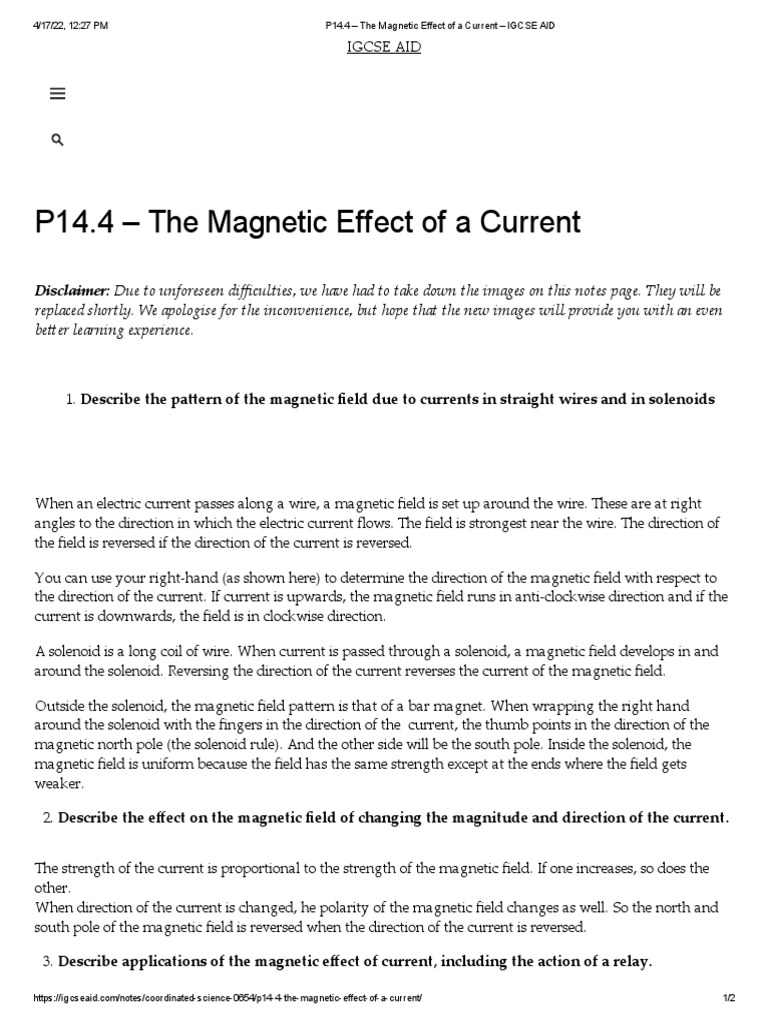 P14.4 - The Magnetic Effect of A Current - IGCSE AID | PDF | Relay | Magnetic Field
