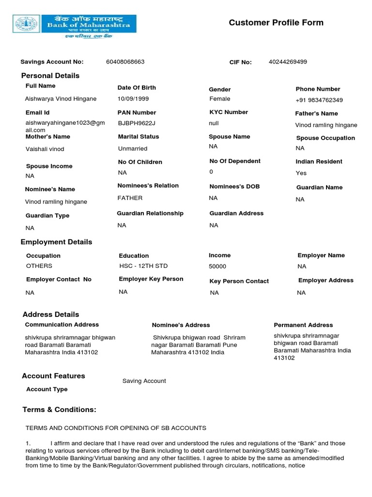 Personal Details: Customer Profile Form | PDF | Banks | Banking