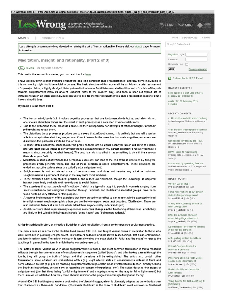 Meditation, Insight, and Rationality. (Part 2 of 3) - Less Wrong | PDF | Experience | Perception