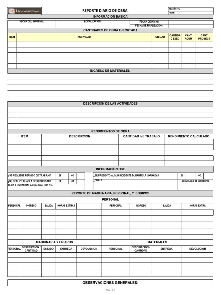 Reporte Diario de Producción de Obra | PDF