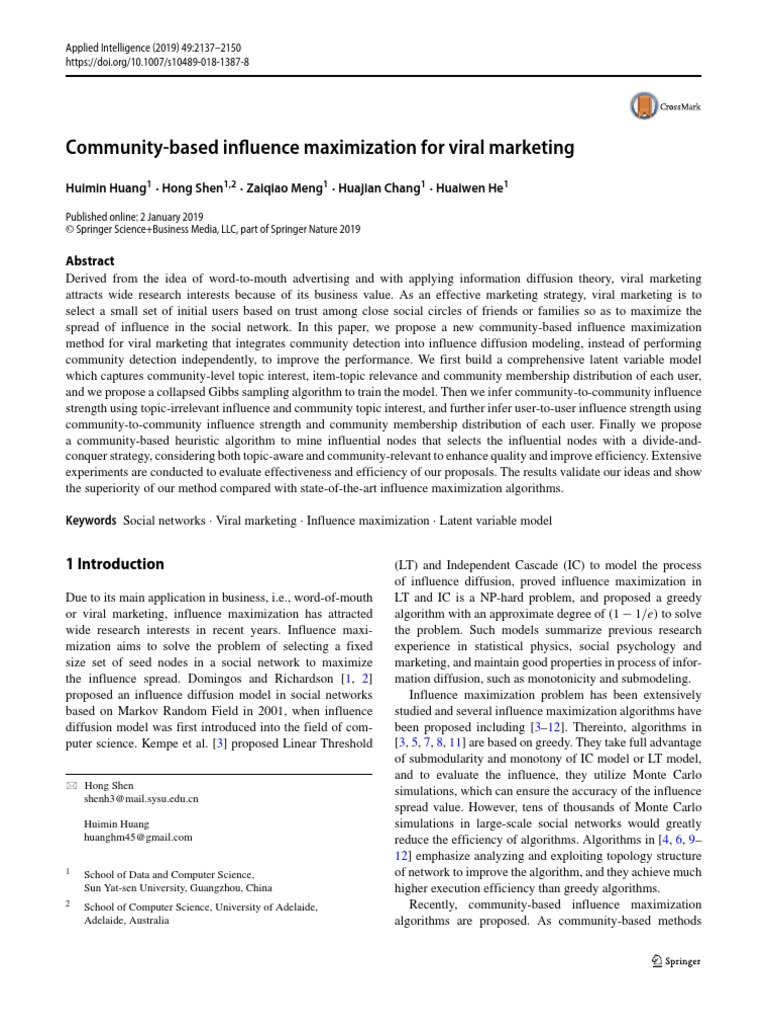 Community Based Influence Maximization For Viral Marketing Pdf Applied Mathematics