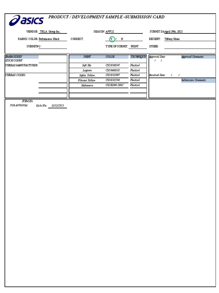 Strike Off Submission Form For Asics | PDF | Embroidery | Textiles