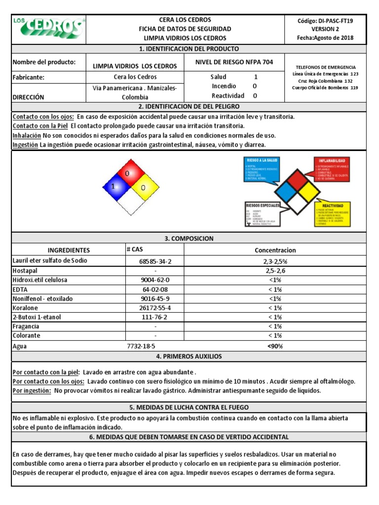 Ficha Tecnica Limpia Vidrios | PDF | Agua | Vómitos Ficha Tecnica Limpia Vidrios | PDF | Agua | Vómitos