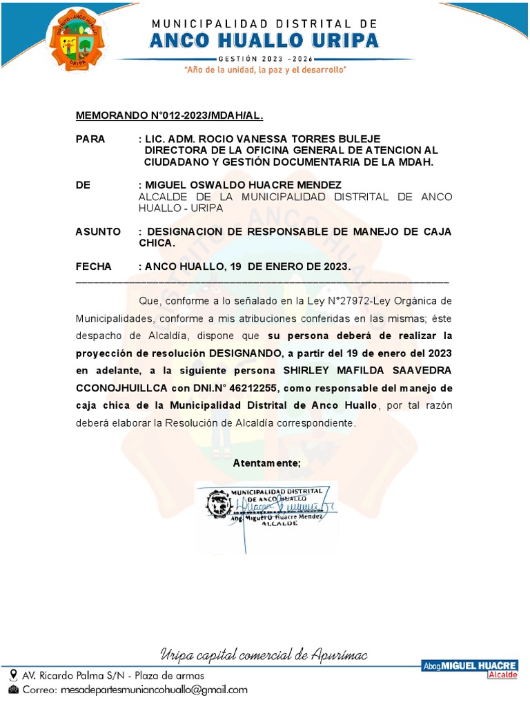 Memorando Designacion de Responsable de Caja Chica N°012-2023 | PDF