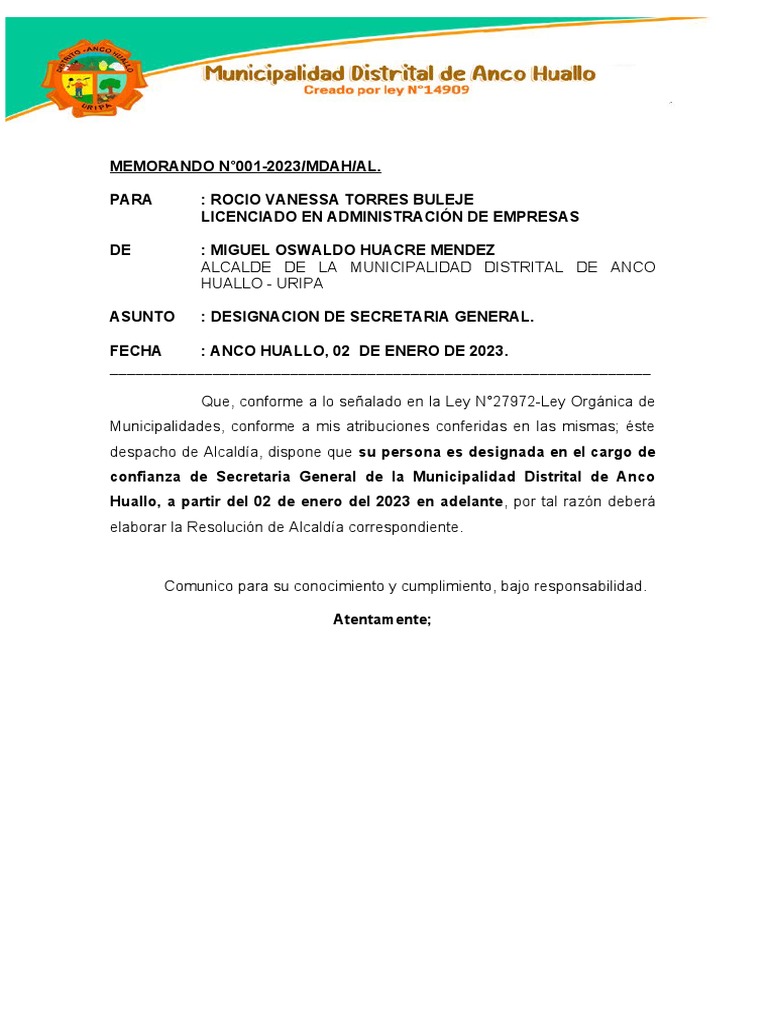 Memorando #001-2023 Desig-Secretaria General Rocio Vanessa Torres Bueleje | PDF