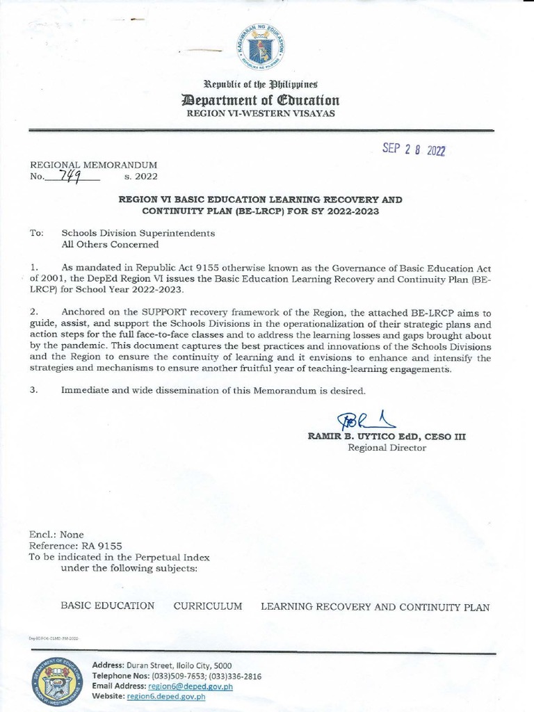 RM No. 749 S. 2022 Region VI Basic Education Learning Recovery and ...