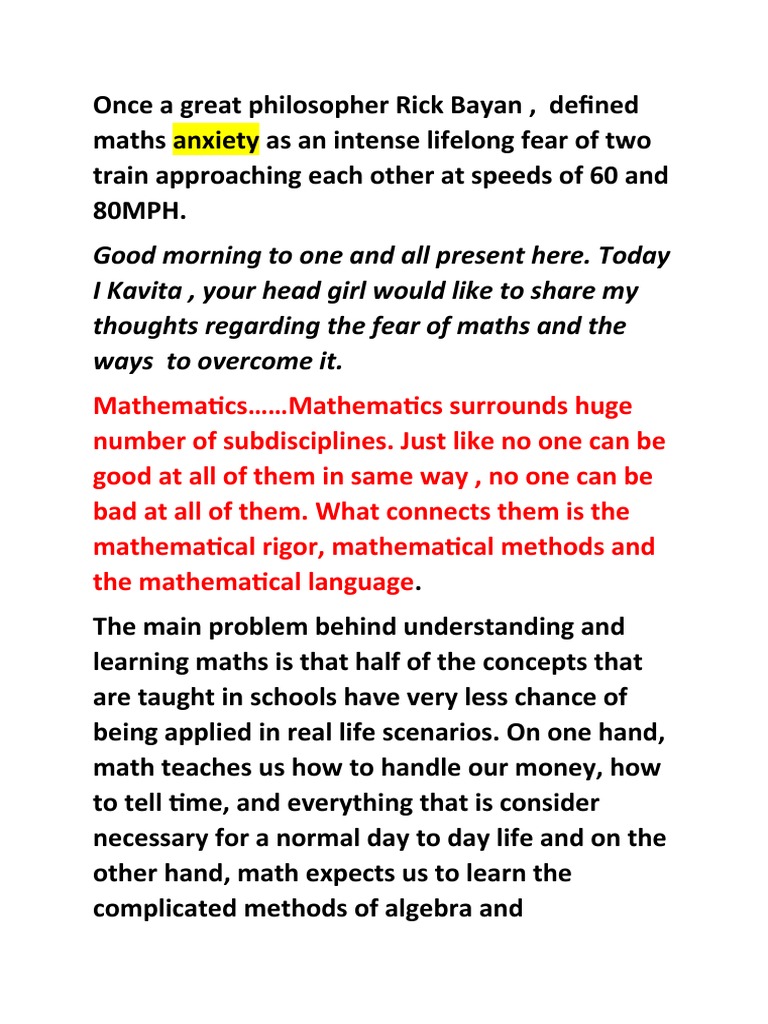 Speech On Fear of Maths | Download Free PDF | Mathematics | Thought