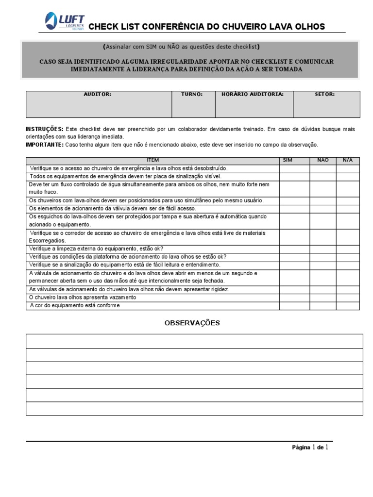 Checklist Lava Olhos | PDF