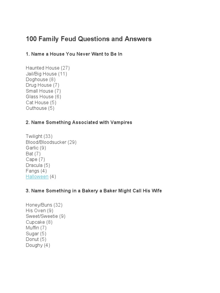 100 Family Feud Questions and Answers | PDF | Buttocks