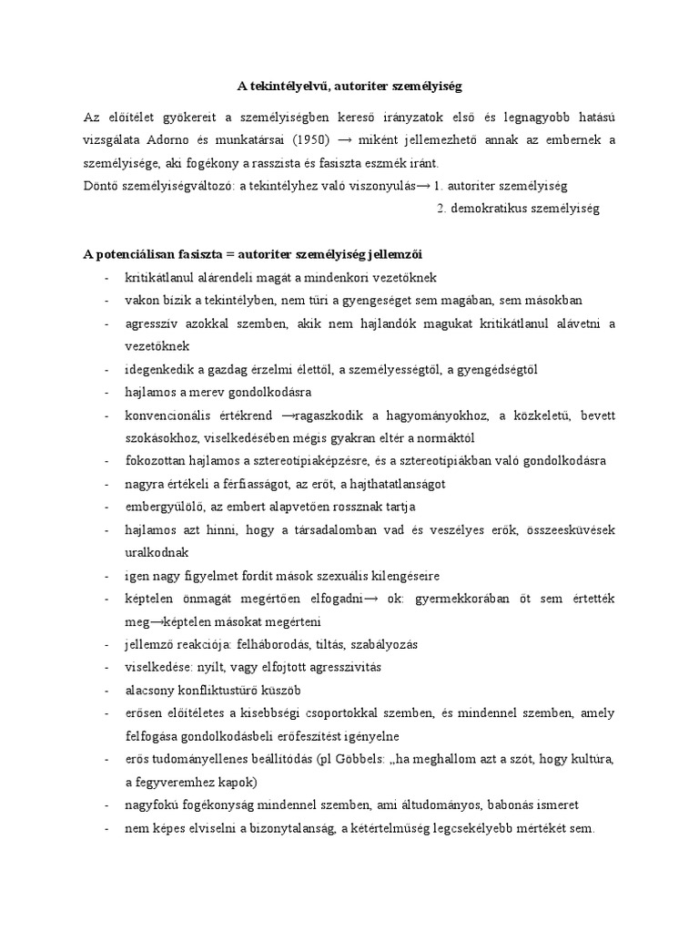 Kész A Tekintélyelvű (Autoriter) Személyiség | PDF
