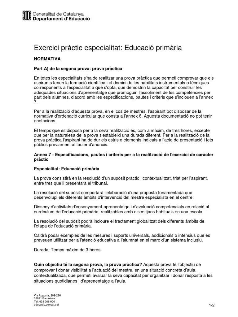 Exercici Pràctic Especialitat Educació Primària | PDF
