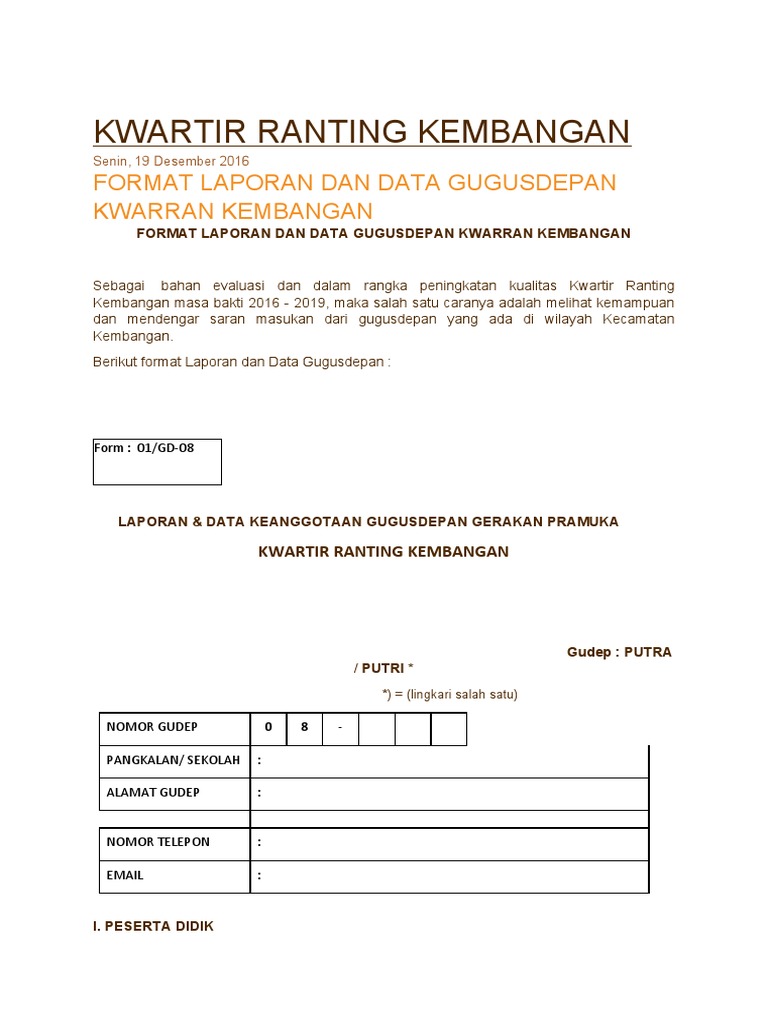 Kwartir Ranting Kembangan: Format Laporan Dan Data Gugusdepan Kwarran Kembangan | PDF